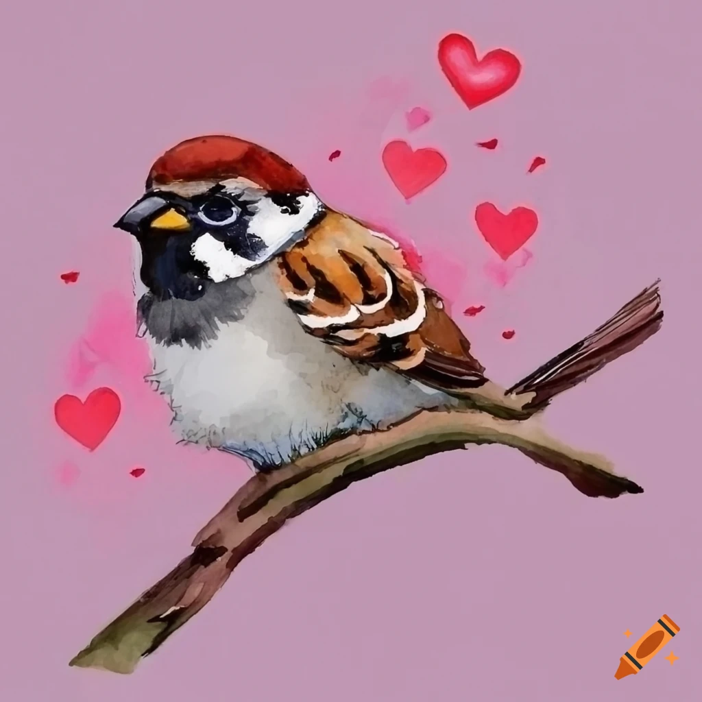Fluffy chibi sparrow on a branch surrounded by hearts and flowers in a ...