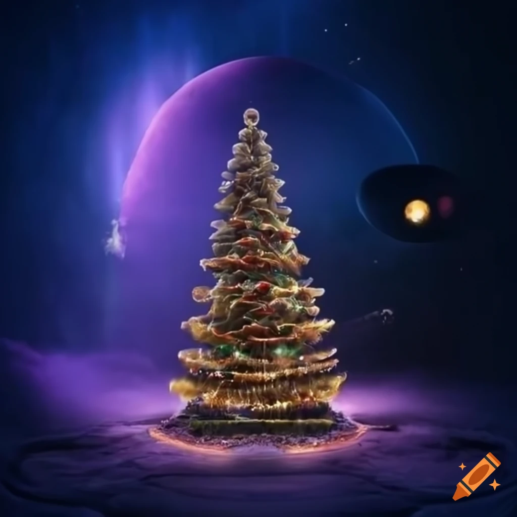 Decorated Christmas tree in a futuristic extraterrestrial environment ...