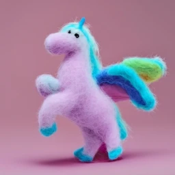 Create a fluffy felt pegasus flying in a forest full of colorful ...