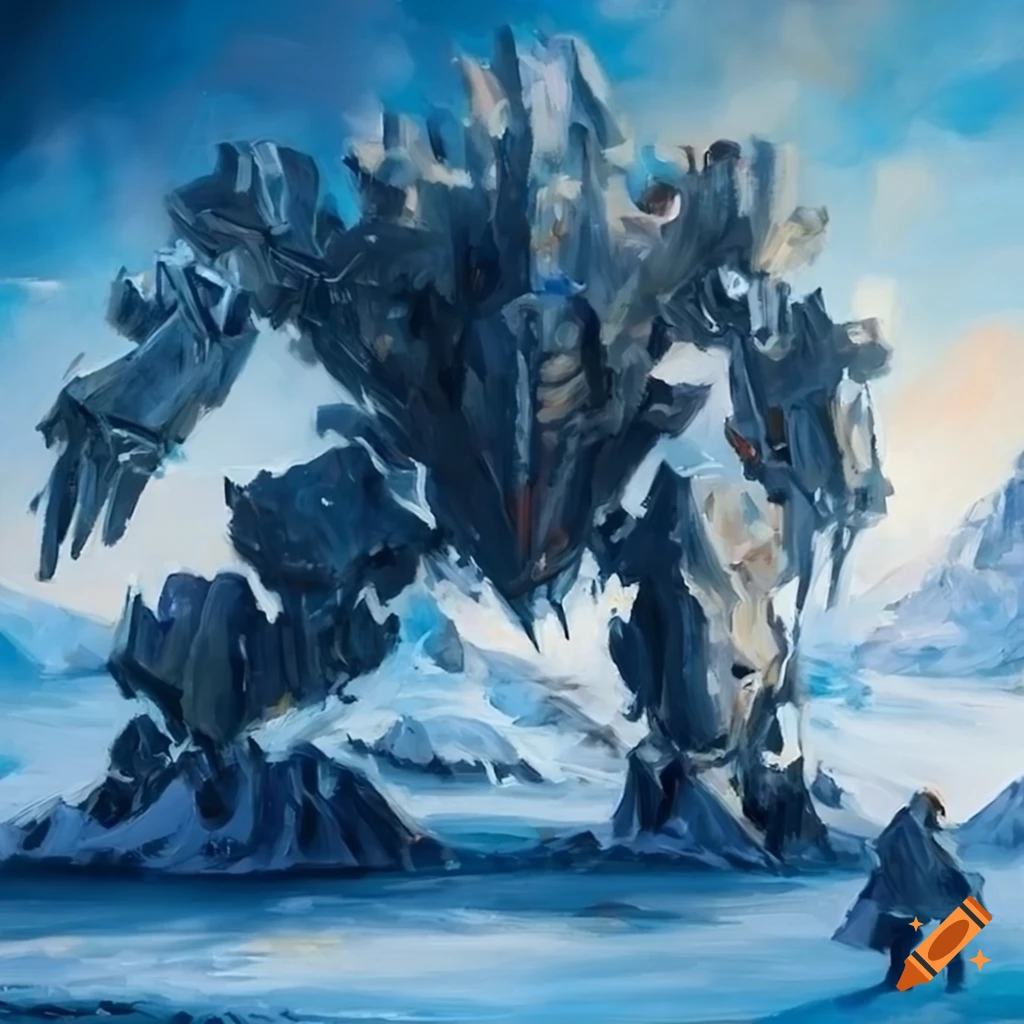 Frozen mecha on a mountain depicted in an oil painting