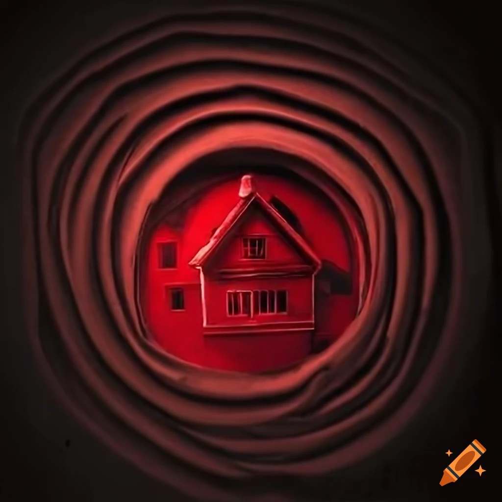 Red circle with black house silhouette and "evil next door" text on Craiyon