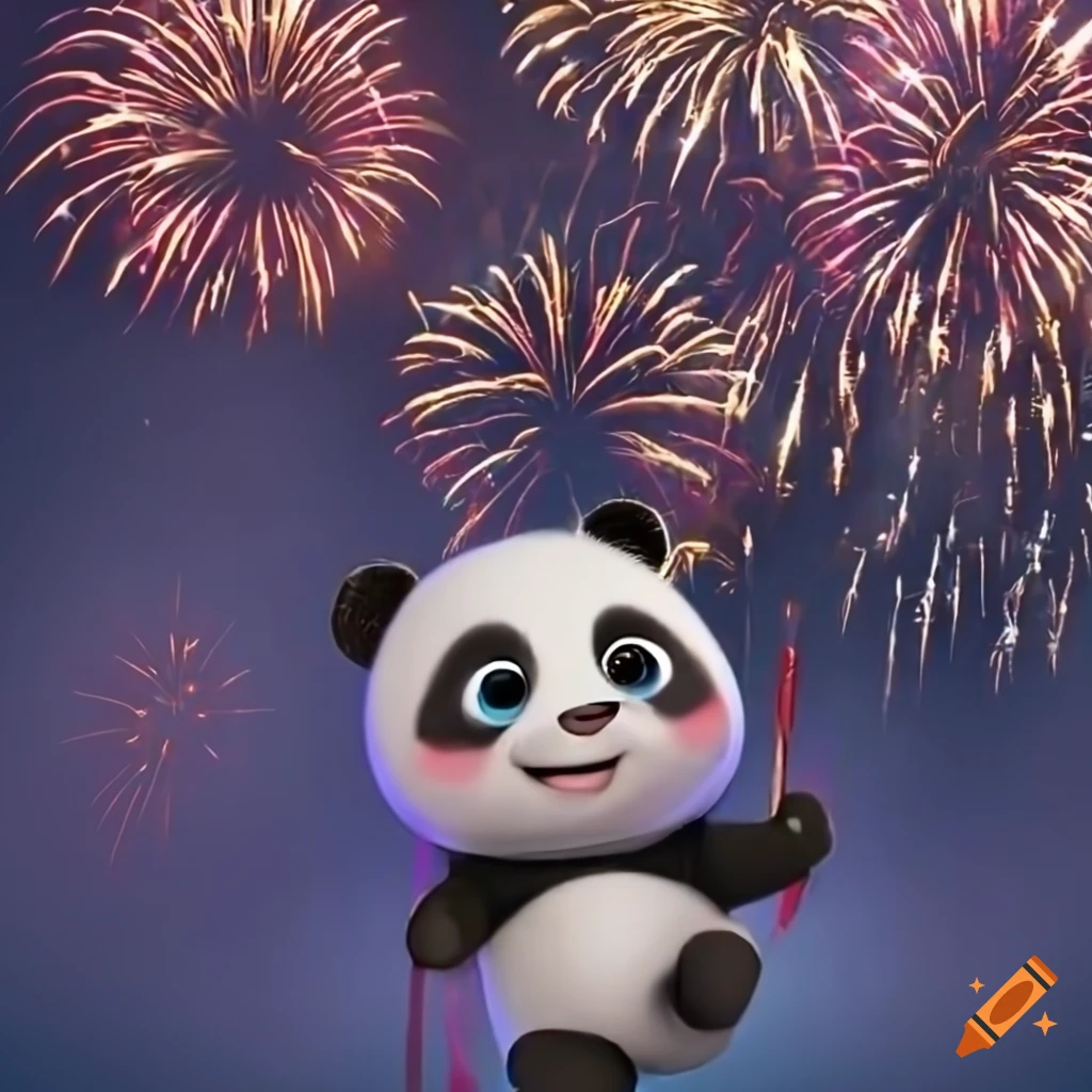 Cute panda in front of fireworks on Craiyon