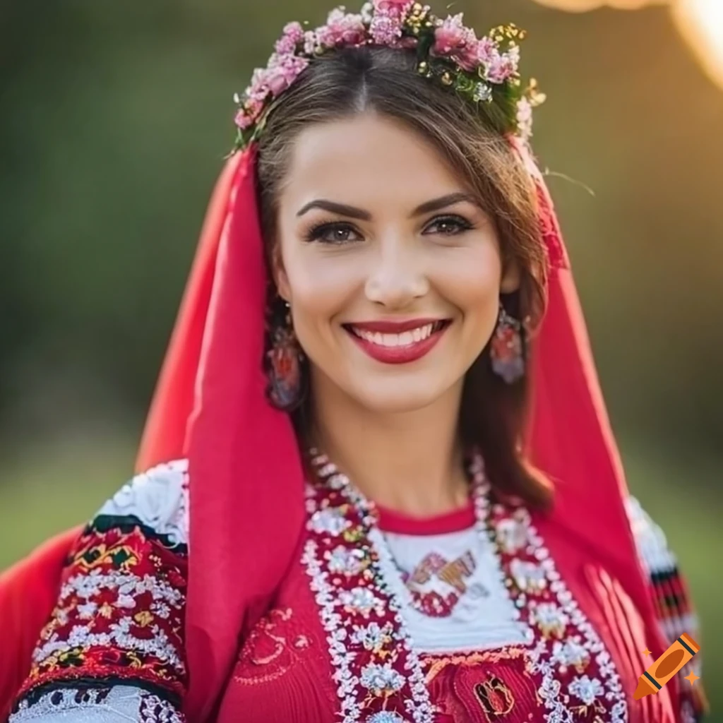 Smiling serbian woman in traditional attire on Craiyon