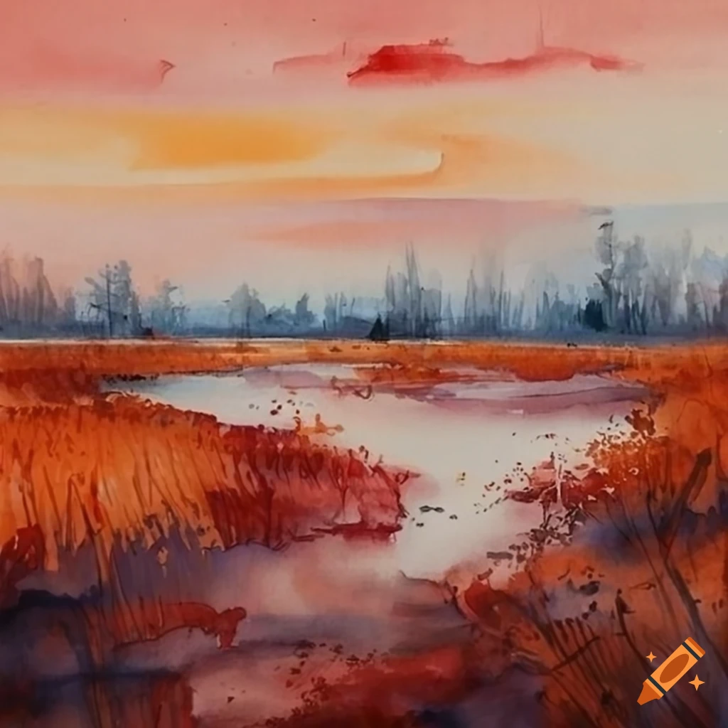 Landscape watercolor painting of a marsh mire on Craiyon