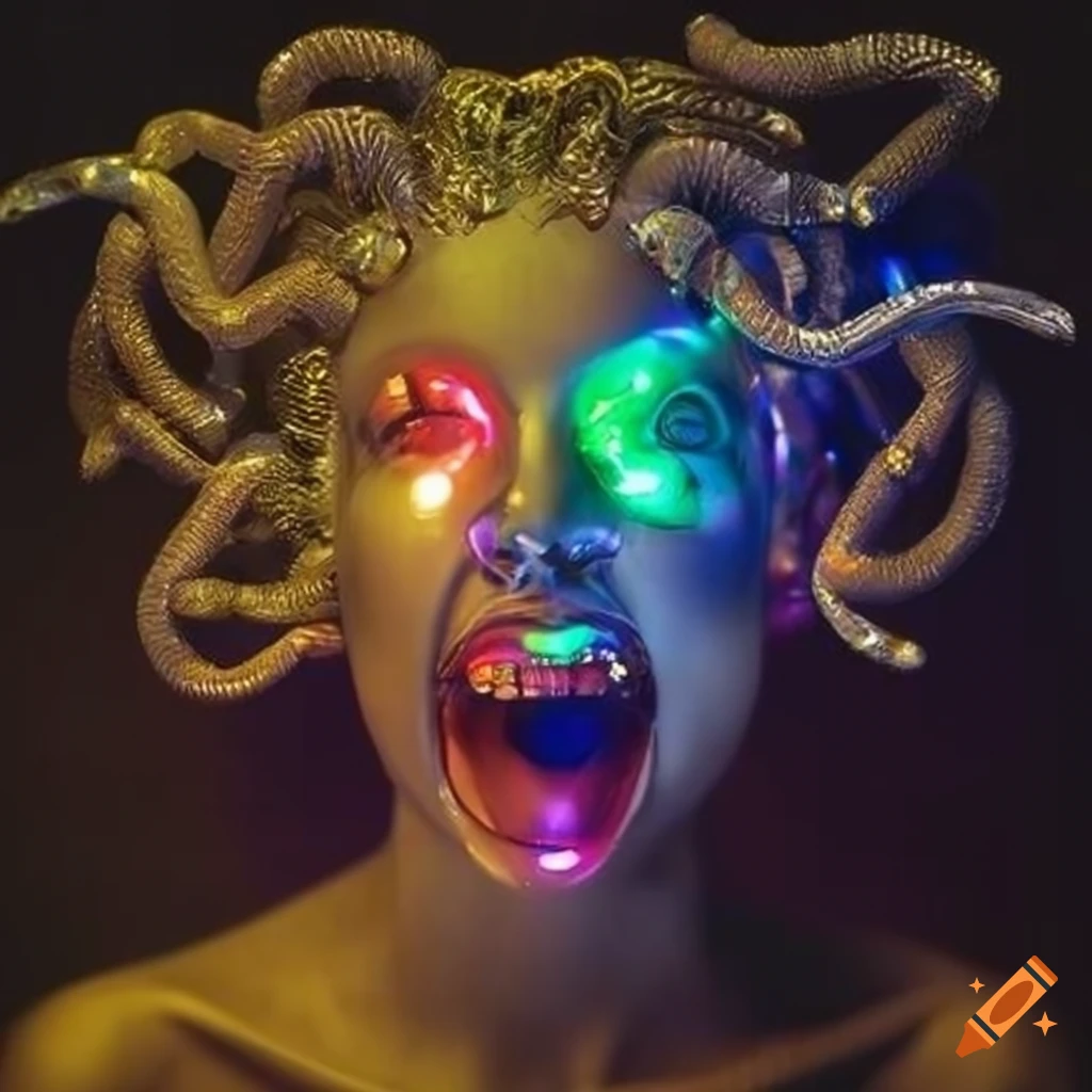 Brass and glass android medusa head with glowing eyes, wires, and led ...