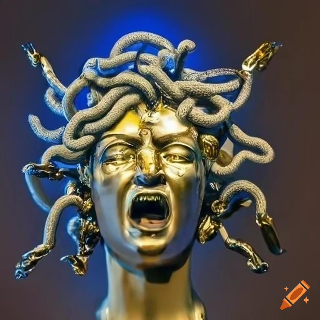 Brass glass android medusa head with wires and led lights on Craiyon