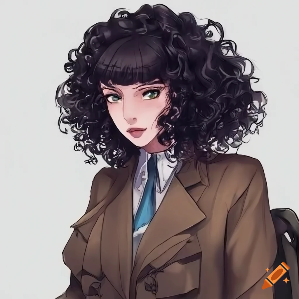 Jewish woman with black curly hair in detective outfit in anime style ...