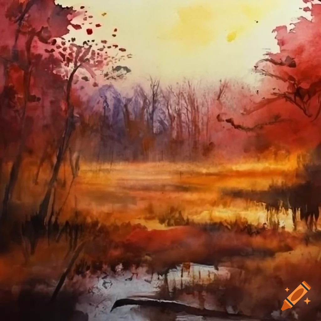 Watercolor painting of a bloodstained mire bog landscape on Craiyon
