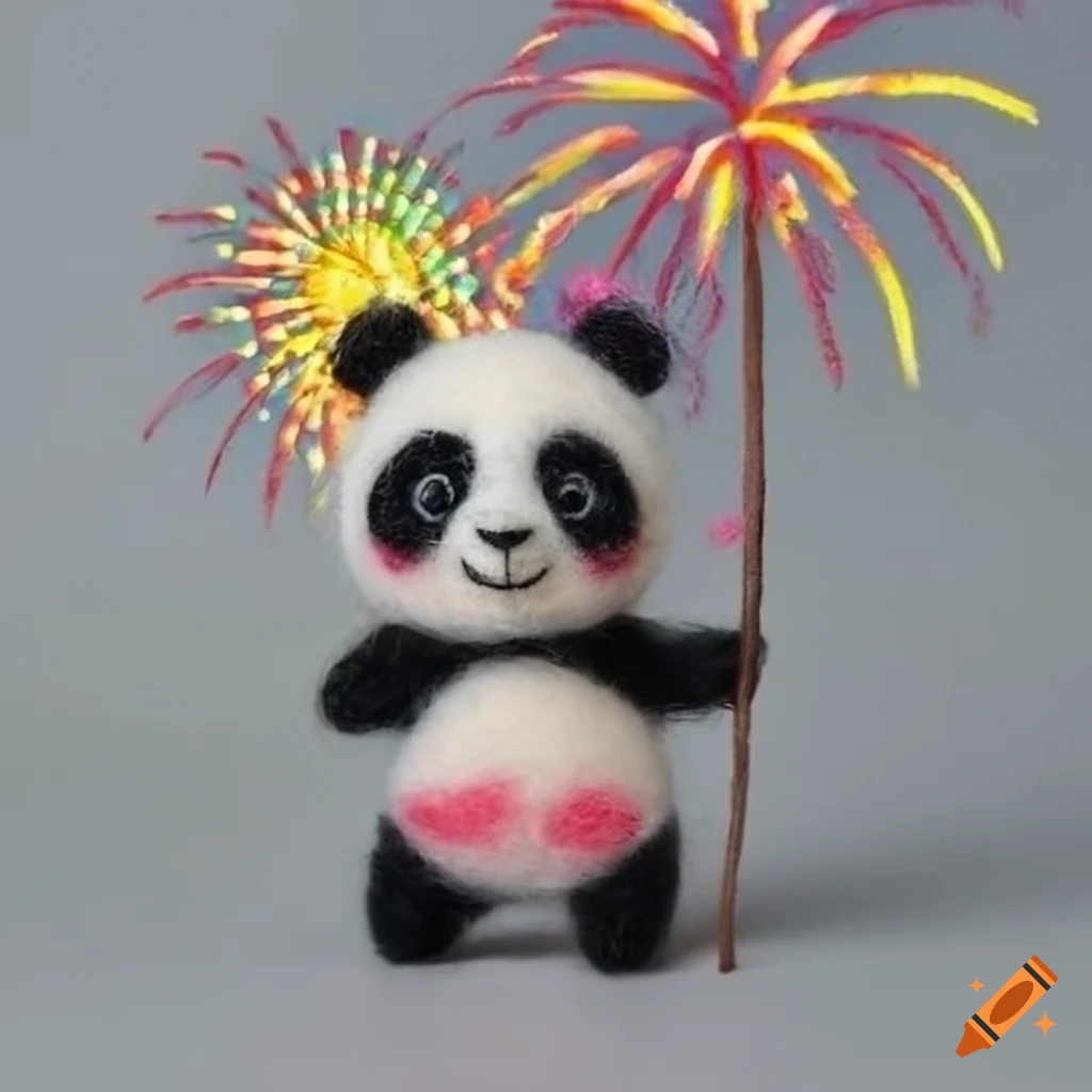 Cute panda watching fireworks in a needle felted artwork on Craiyon