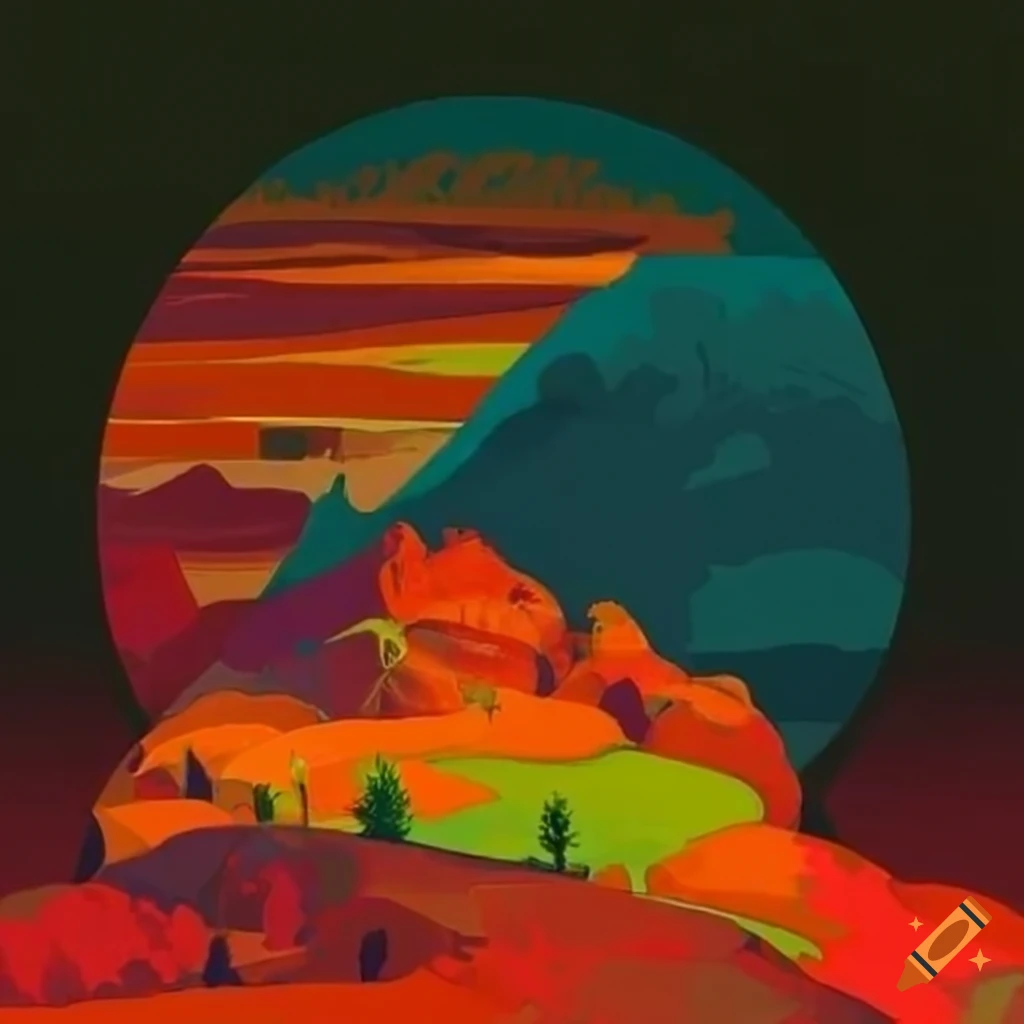 Unique retro landscape artwork with vibrant colors on Craiyon