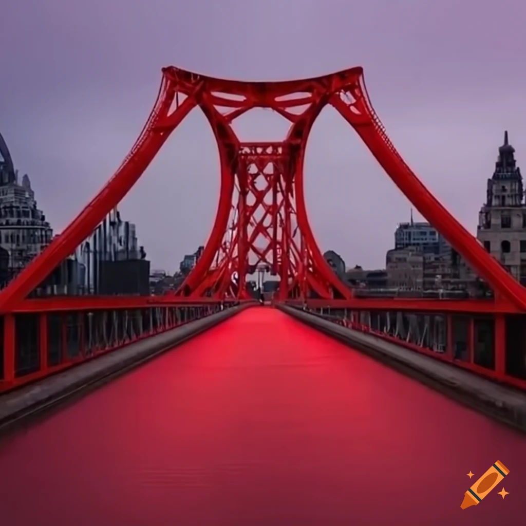 Big red metal bridge crossing a river in a european city on Craiyon