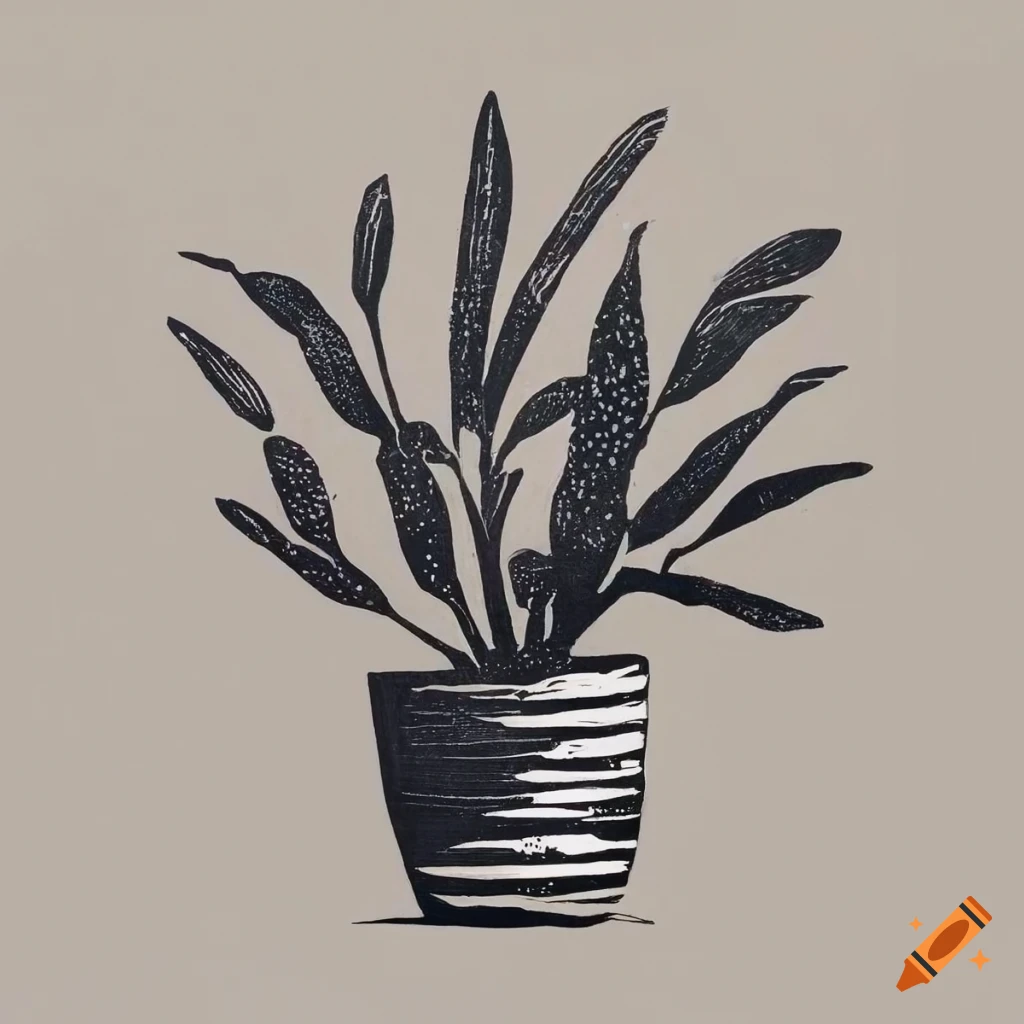 Minimalist black and white linocut print of a potted plant on Craiyon