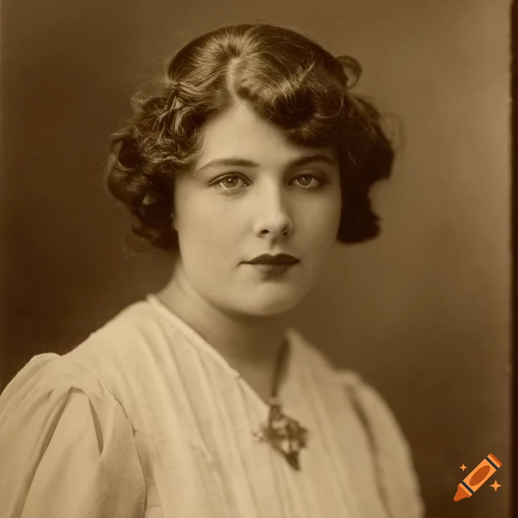 Vintage headshot of a woman in 1918 wearing period clothes on Craiyon
