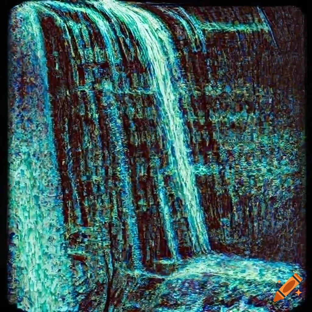 Stream waterfall with glitched crt static effect on Craiyon