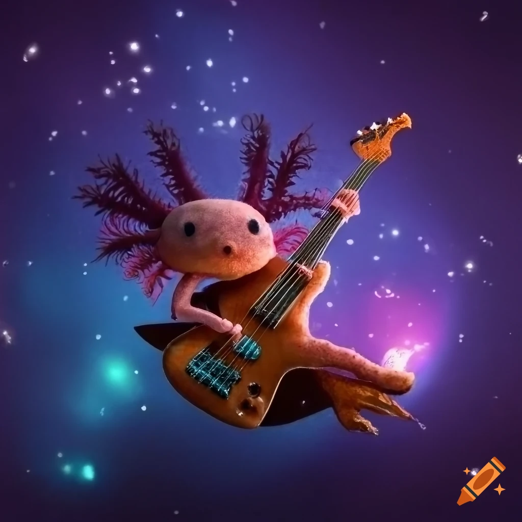 Space axolotl playing bass guitar in a tilted frame on Craiyon
