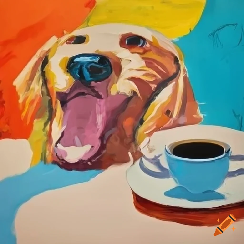 Sassy happy dog with coffee on a table in retro abstract art on Craiyon