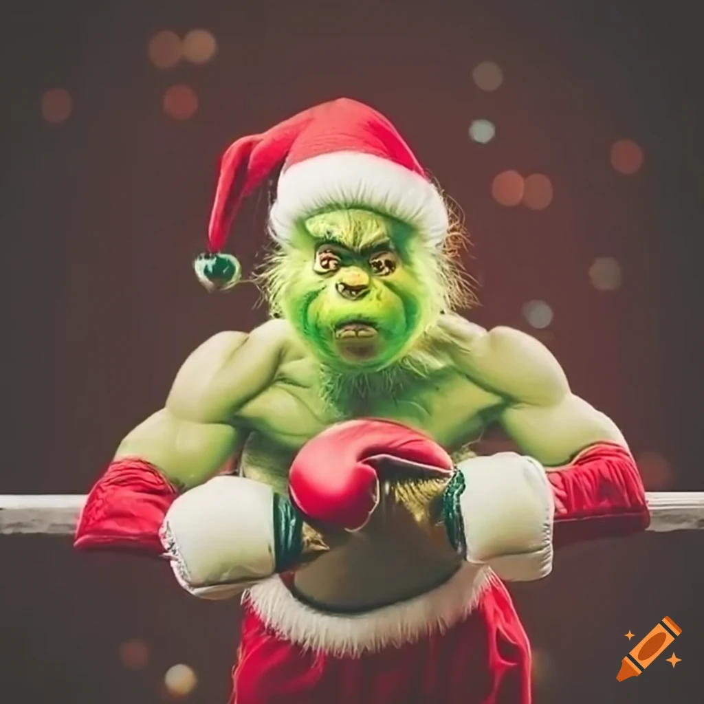 Muscular grinch boxing santa claus in the ring on Craiyon