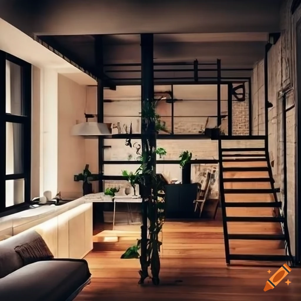 Industrial loft apartment interior design with greenery and cat route ...