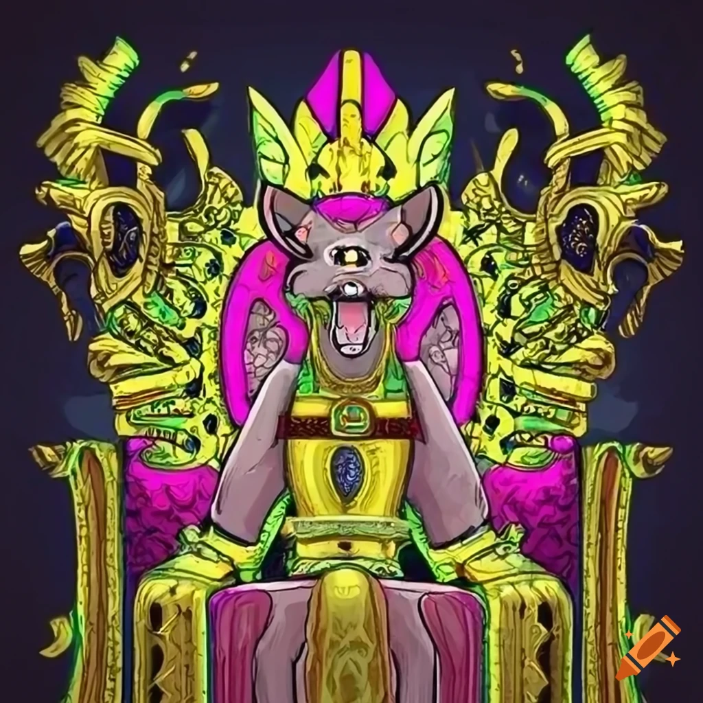 Rat king on throne with gorillaz art style and psychedelic patterns on ...