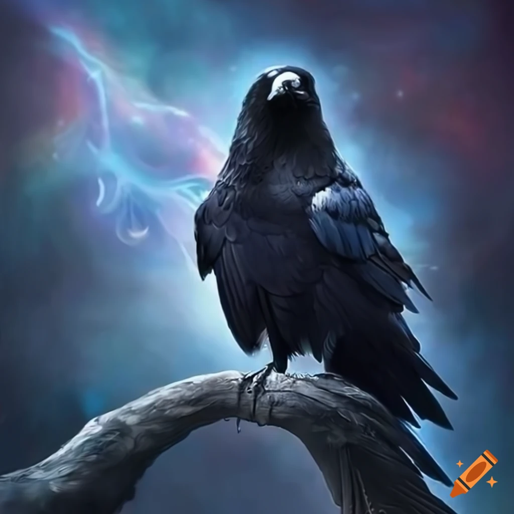 Raven with white eyes following a magical glowing trail on Craiyon