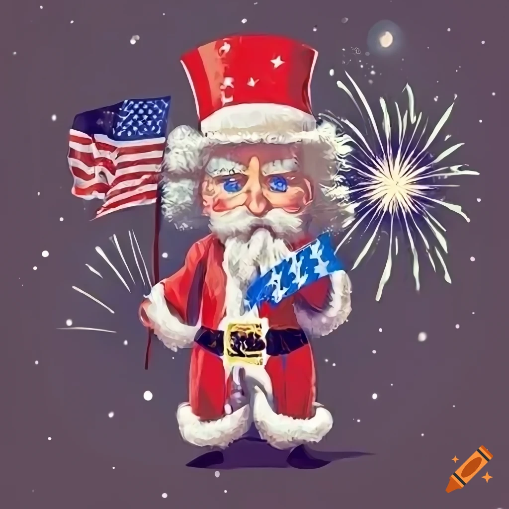 Vintage Uncle Sam in Santa Claus Uniform holding a USA Flag with moon ...