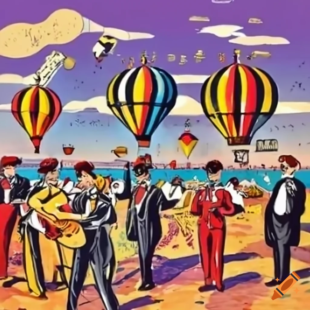 Circus musicians in a beach town with hot air balloons and striking ...