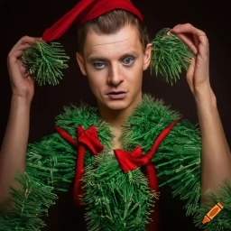 Man in very realistic christmas tree costume on Craiyon
