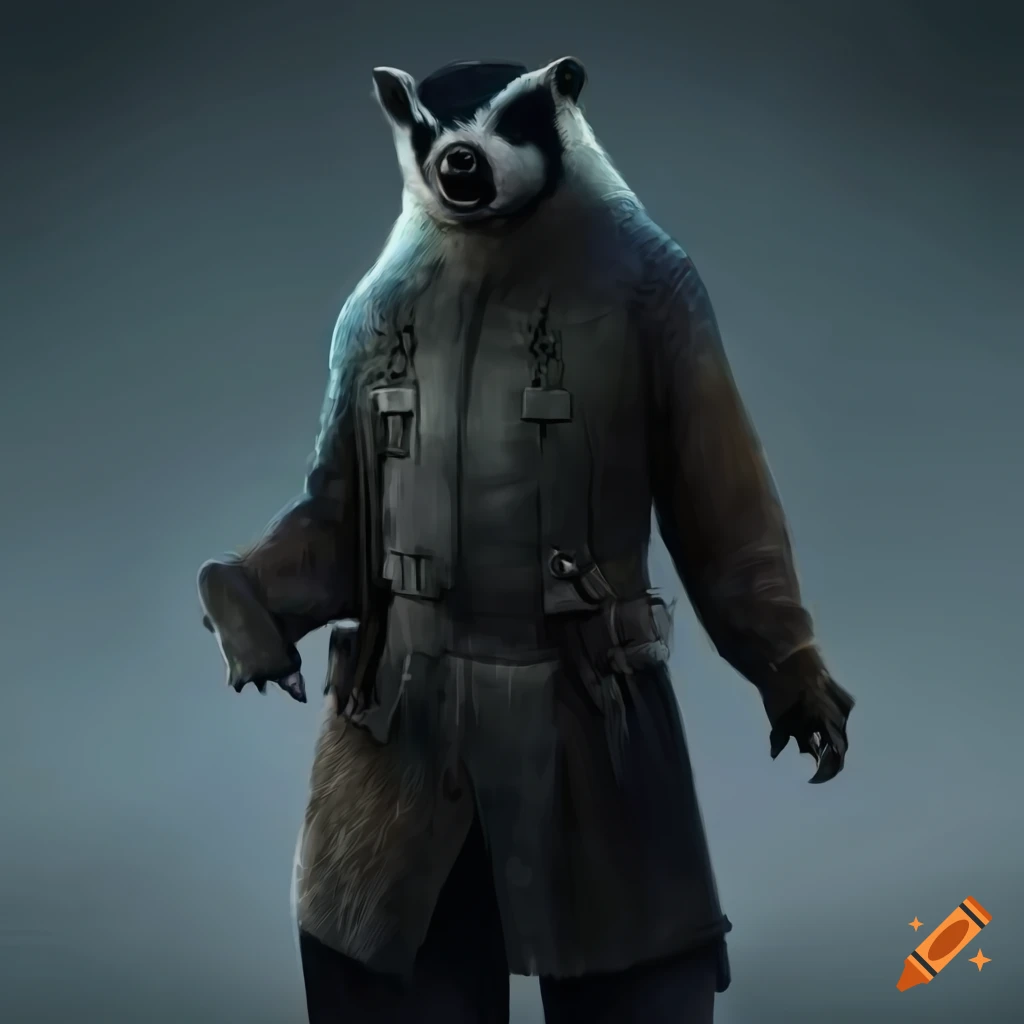 Photorealistic fantasy of a human-badger hybrid in a sharp suit in an ...