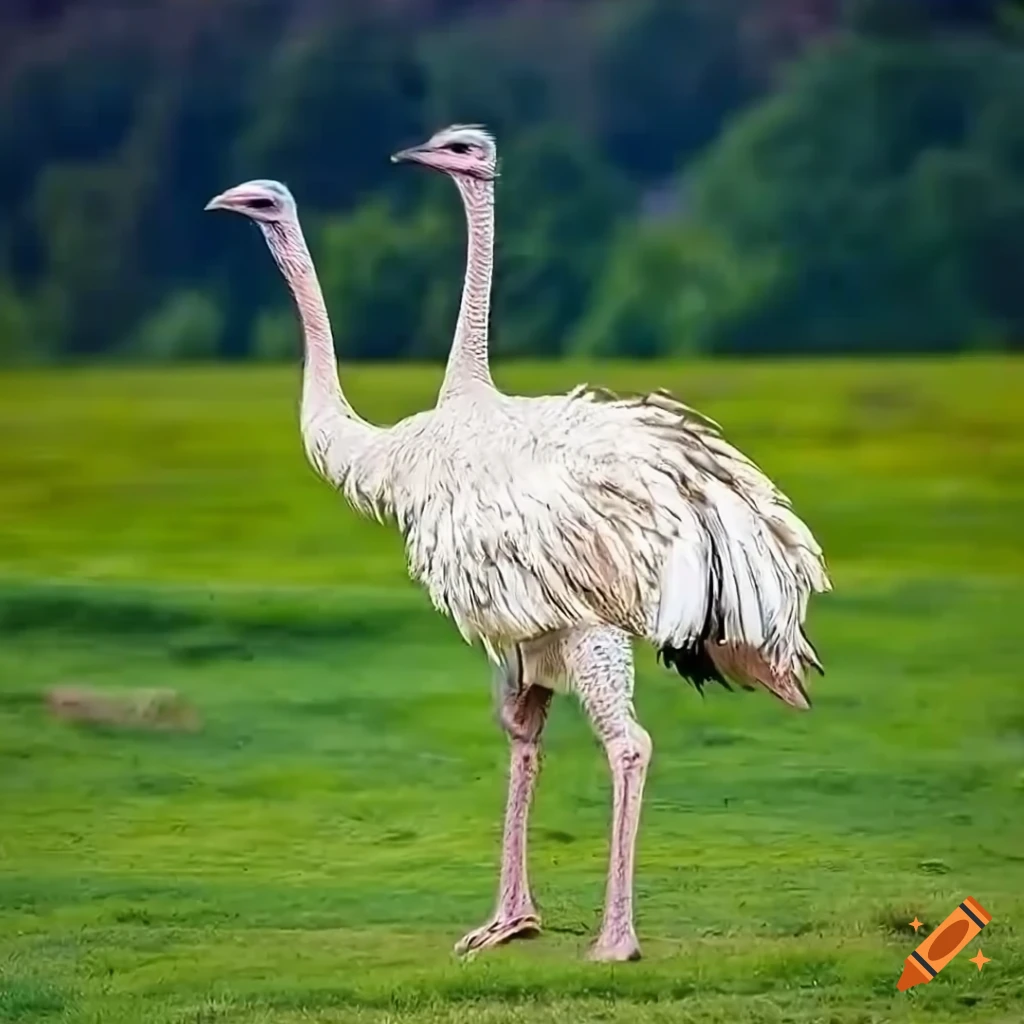 Unique three-legged white turkey ostrich hybrid running in a grassy ...