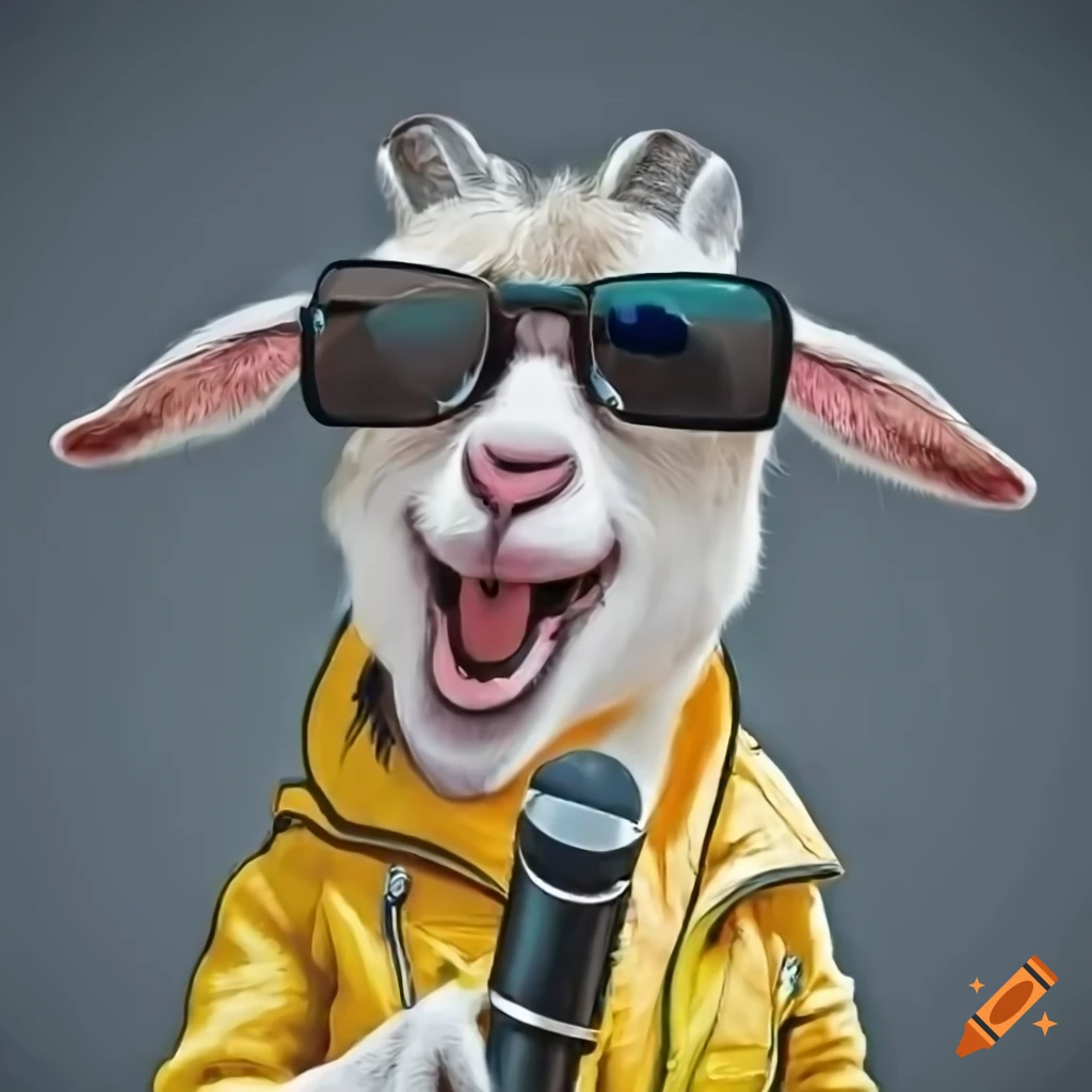 Joyful white goat with microphone wearing sunglasses and yellow jacket ...