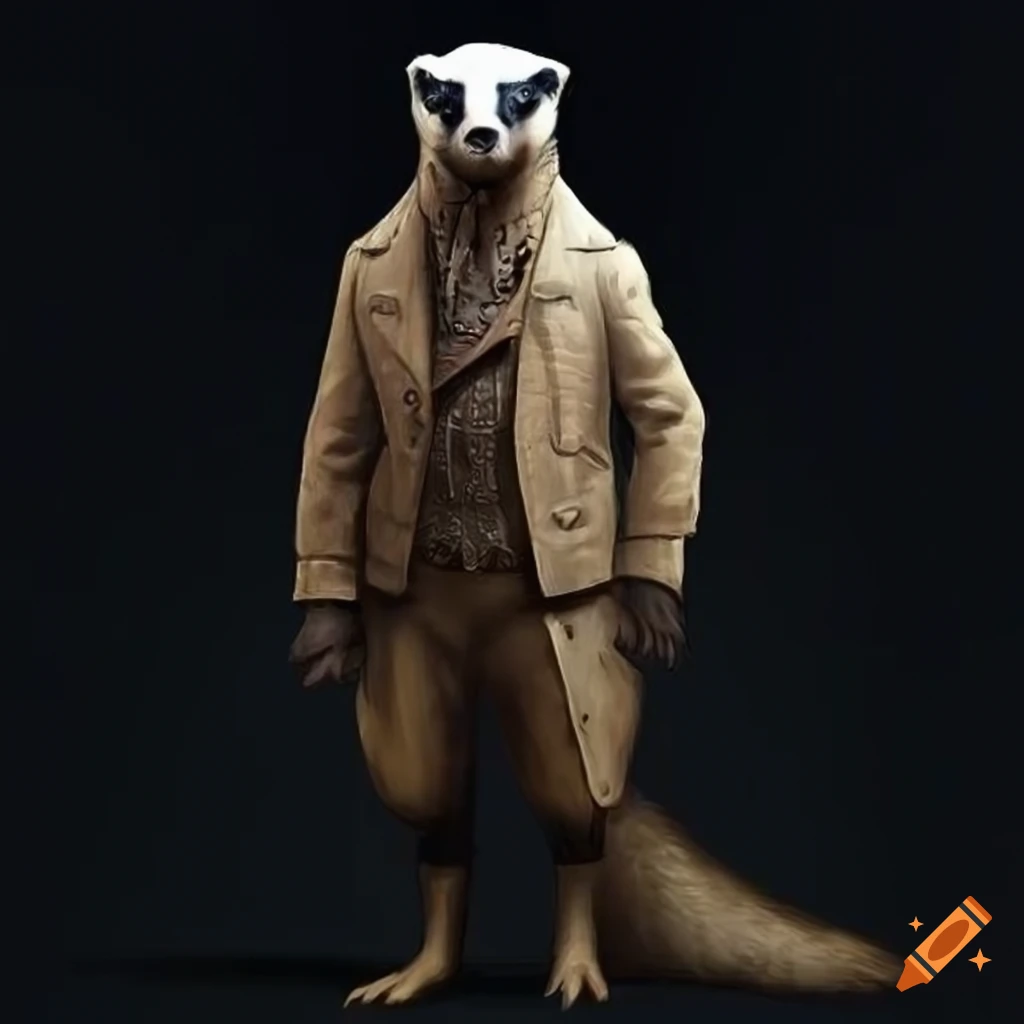 Distinguished human-badger hybrid in a sharp suit standing tall in a ...