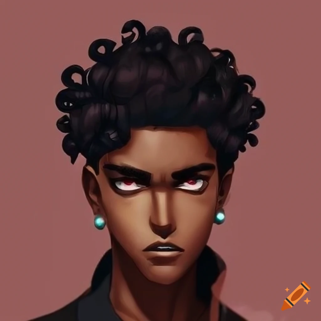 Japanese anime-inspired male character with dark brown skin, black ...