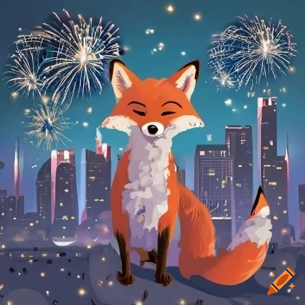 Happy fox with city and fireworks background celebrating new year on ...