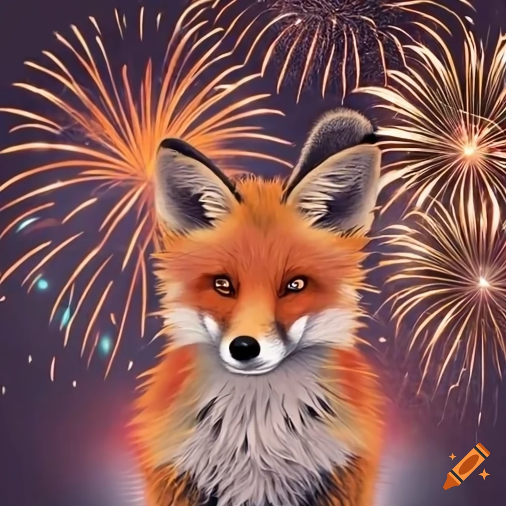 Happy fox with fireworks in the background on Craiyon