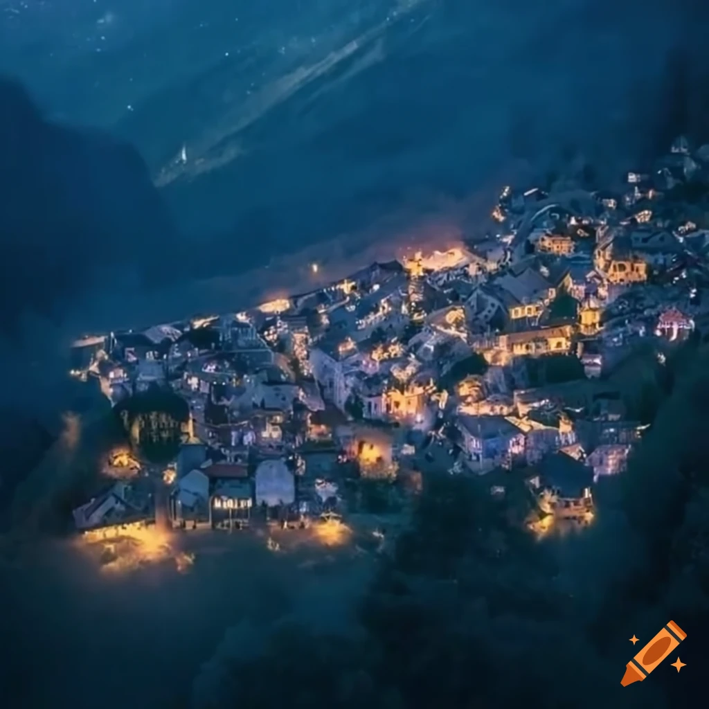 Nighttime aerial view of a village nestled in a valley with lights on ...