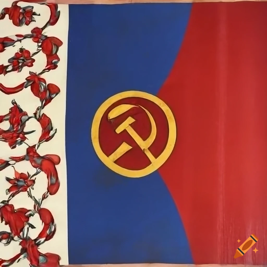 Flag depicting a flax plant, sickle, and hammer with red and deep blue ...