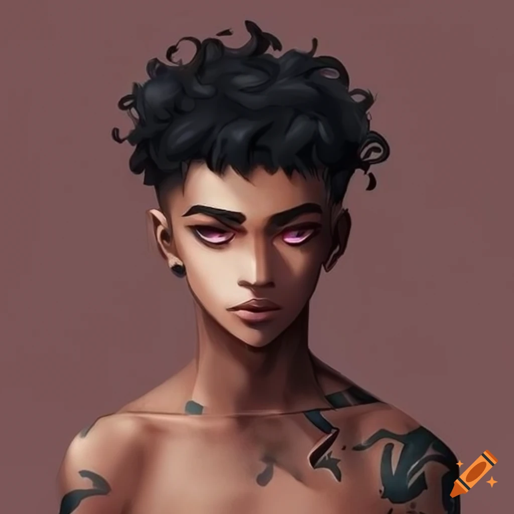 Japanese Anime Inspired Male Character With Dark Brown Skin And Black