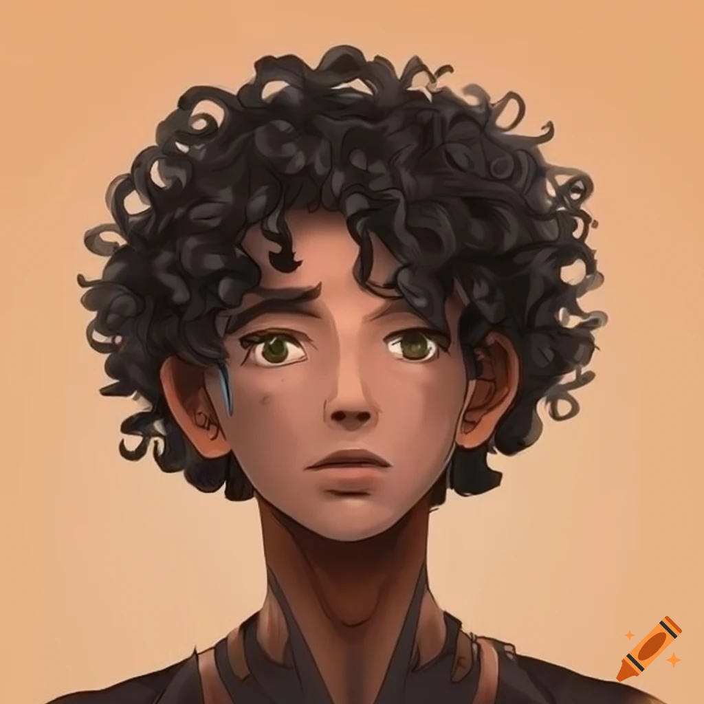 Japanese Anime Inspired Male Character With Dark Brown Skin And Curly