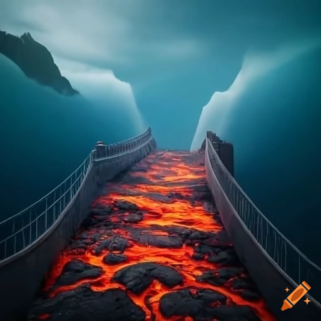 Narrow bridge over lava sea with people crossing on Craiyon