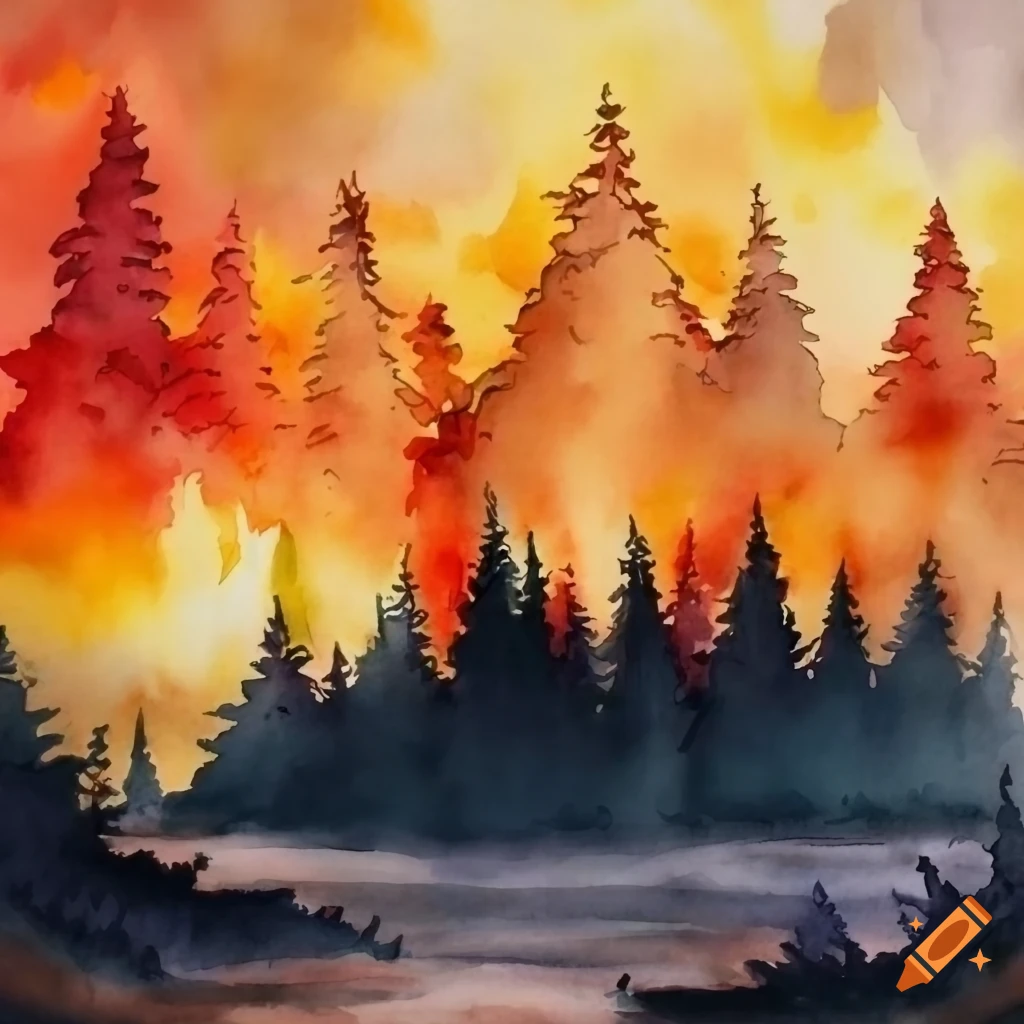 Evolving wilds forest fire landscape watercolor painting on Craiyon