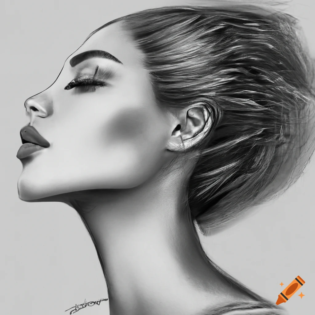 Black and white close-up of a woman's profile on Craiyon