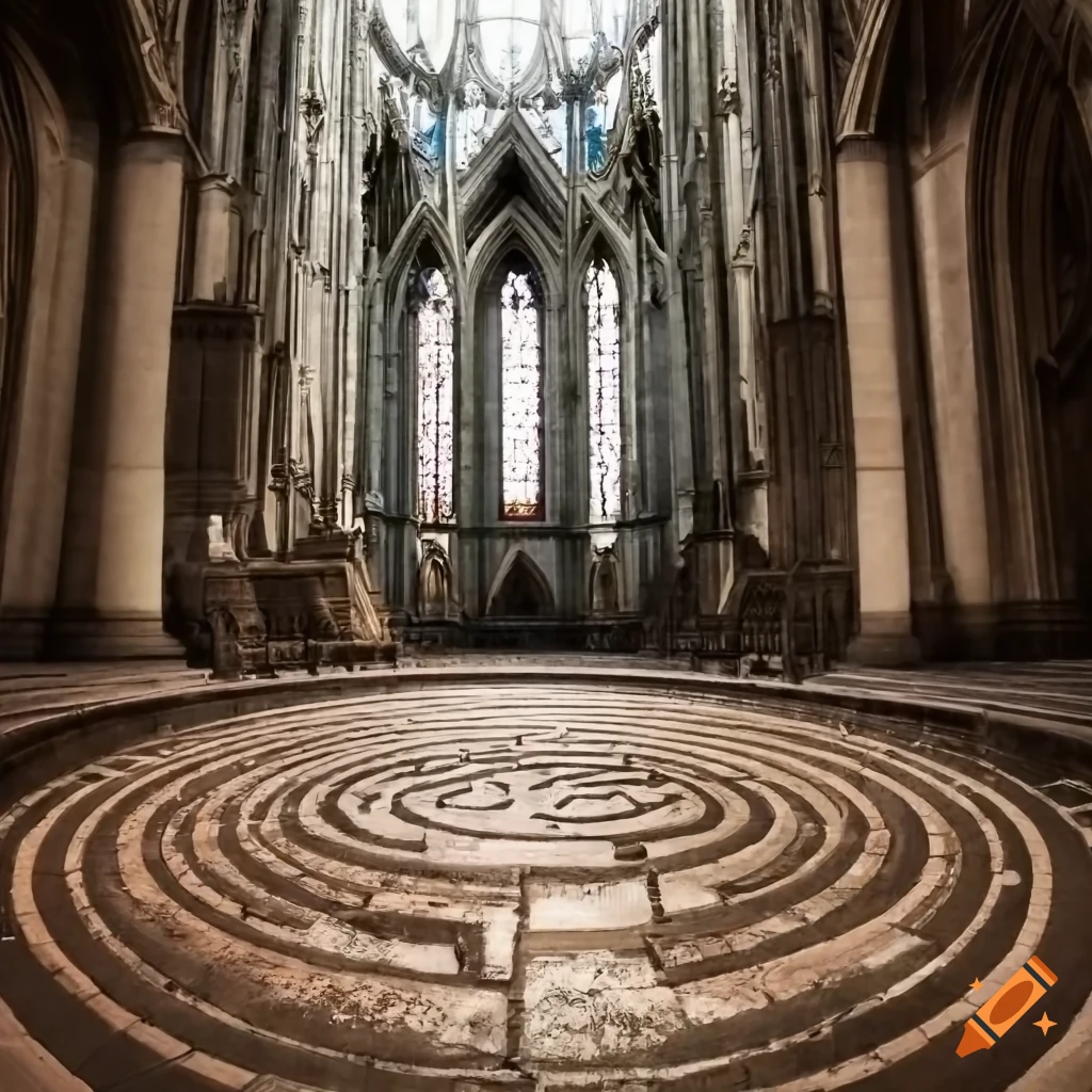 Gothic cathedral interior with circular labyrinth in foreground on Craiyon