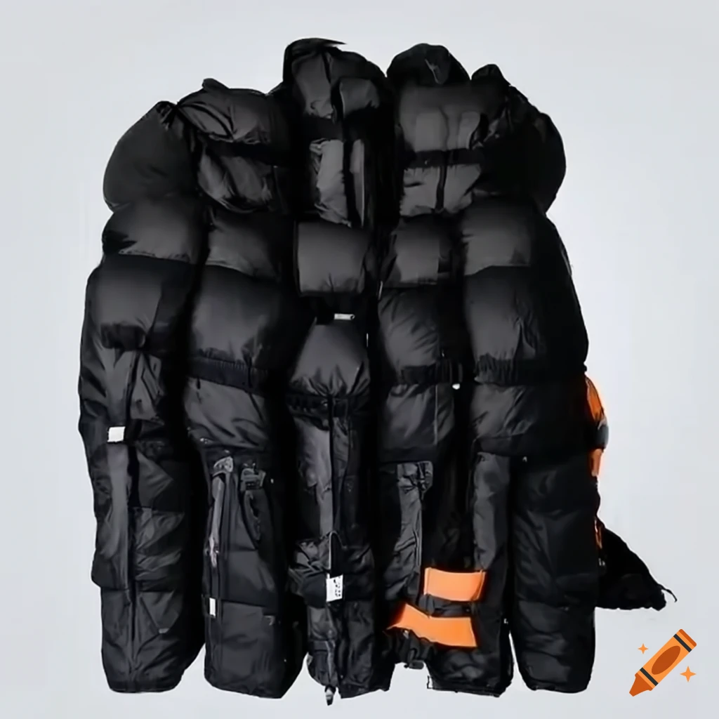 Man wearing snow-suit and multiple extra-large life jackets on Craiyon