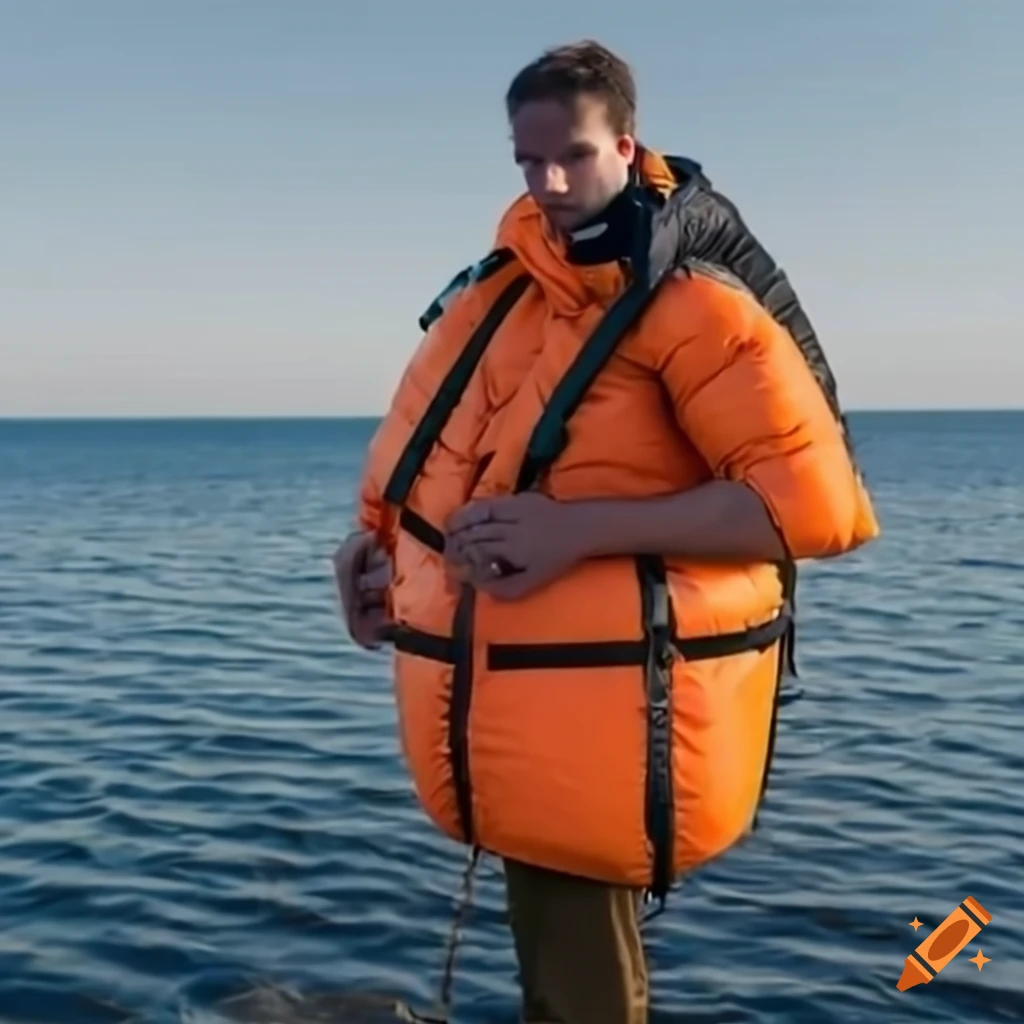 Man standing on a large life-jacket wearing a down jacket on Craiyon