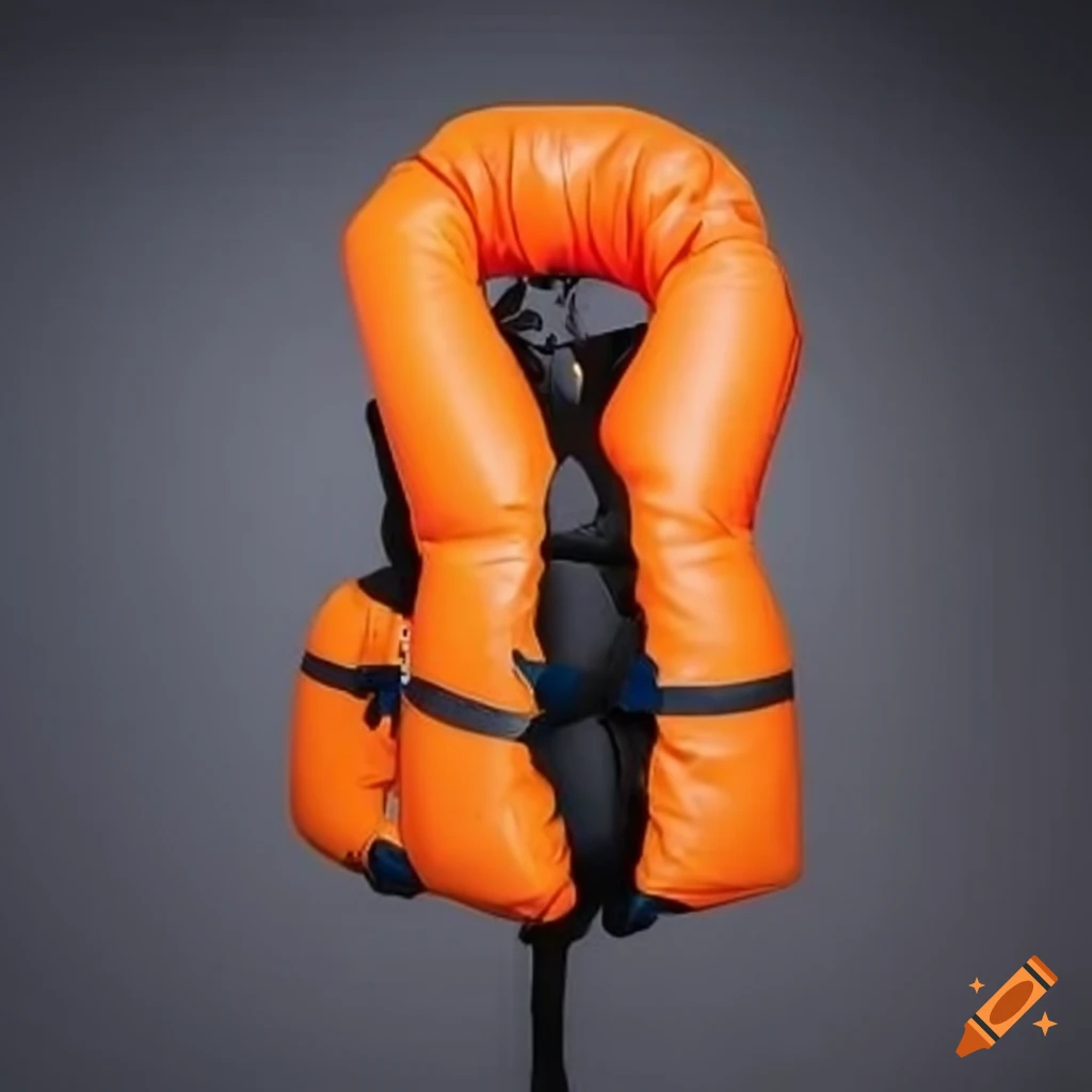 Person wearing extra-large life jacket and inflated wetsuit on Craiyon