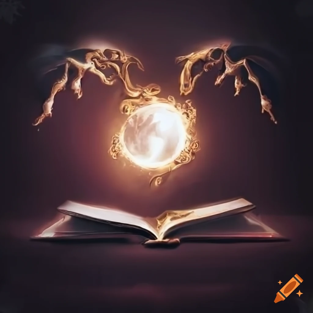 Fantasy magic tome book on black background with white glow on Craiyon