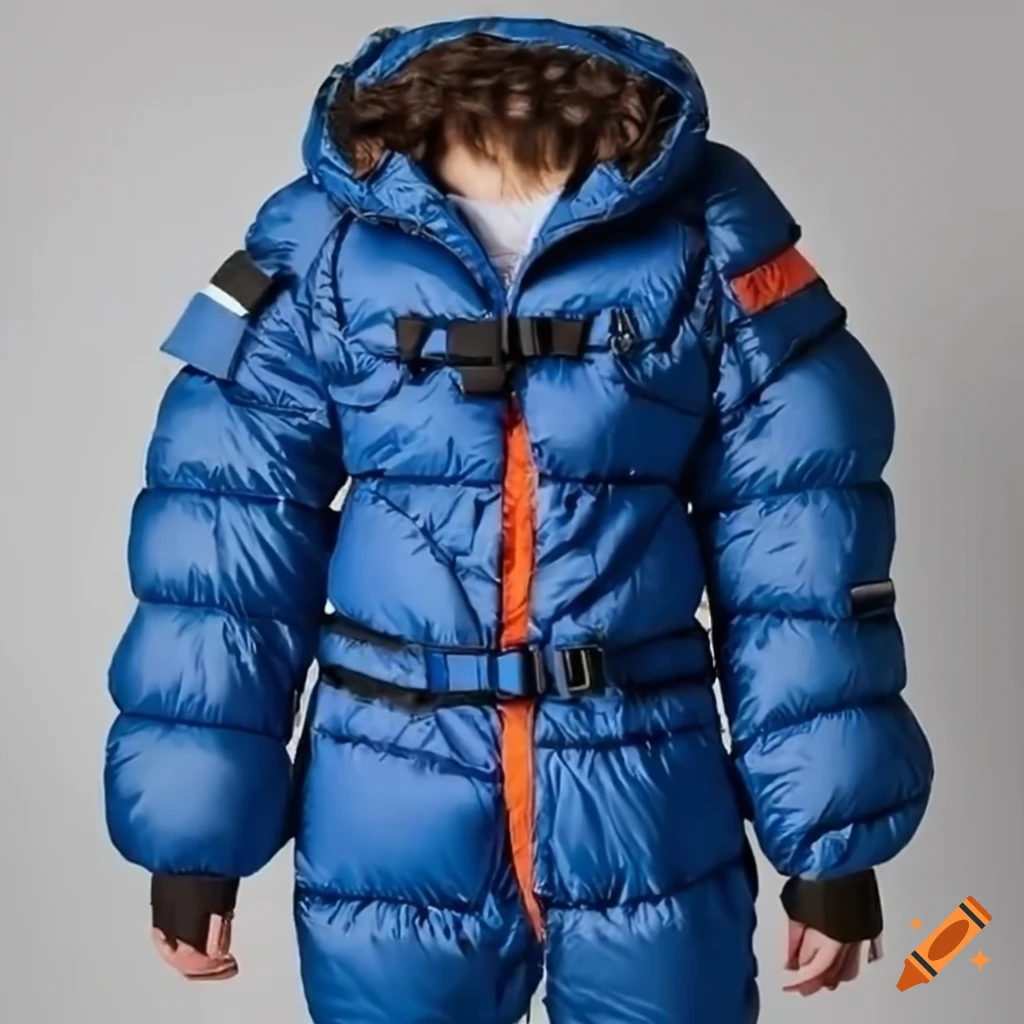 Person wearing oversized expedition suit with blue life-jacket on Craiyon
