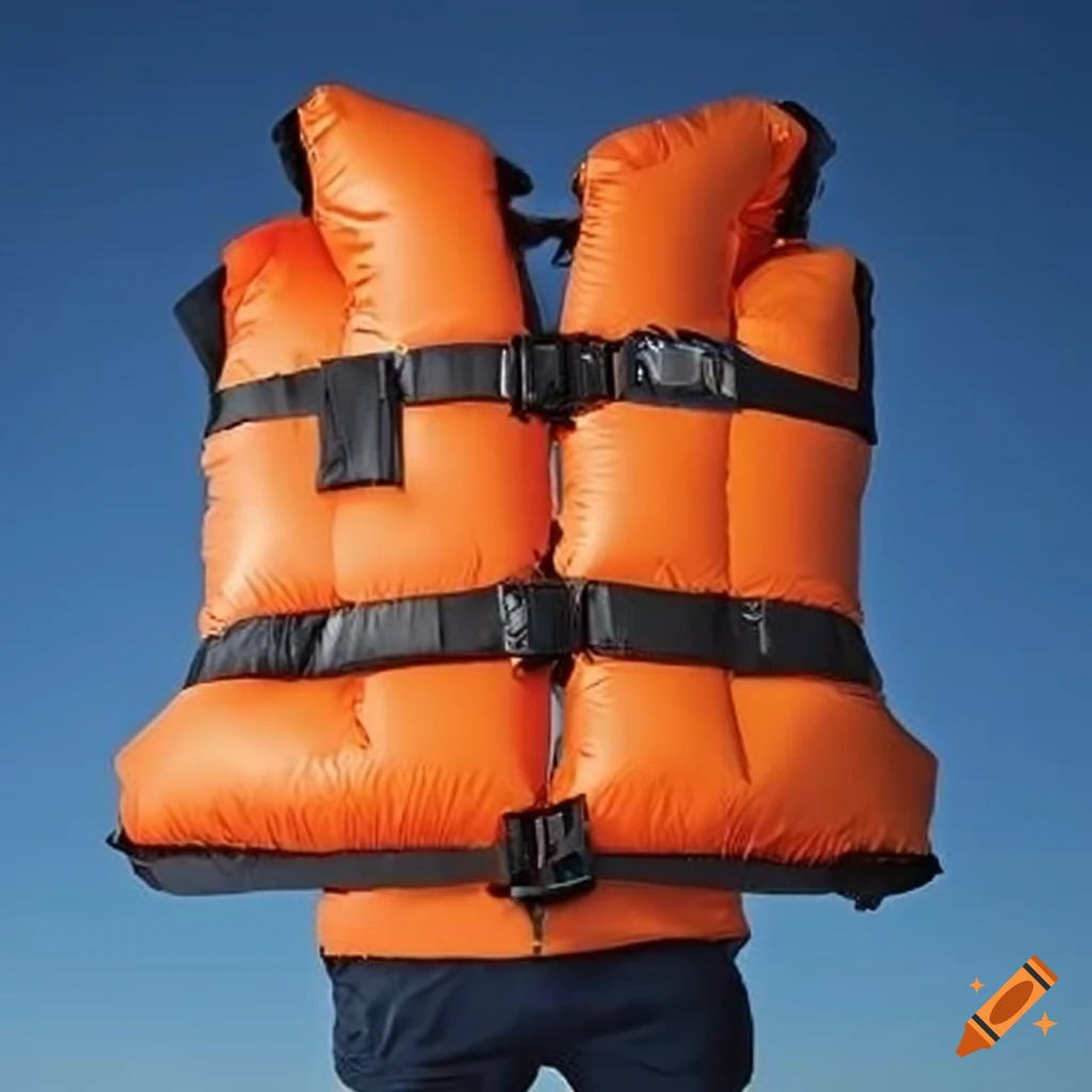 Extra-large inflatable life-jacket in puffy down-suit style on Craiyon