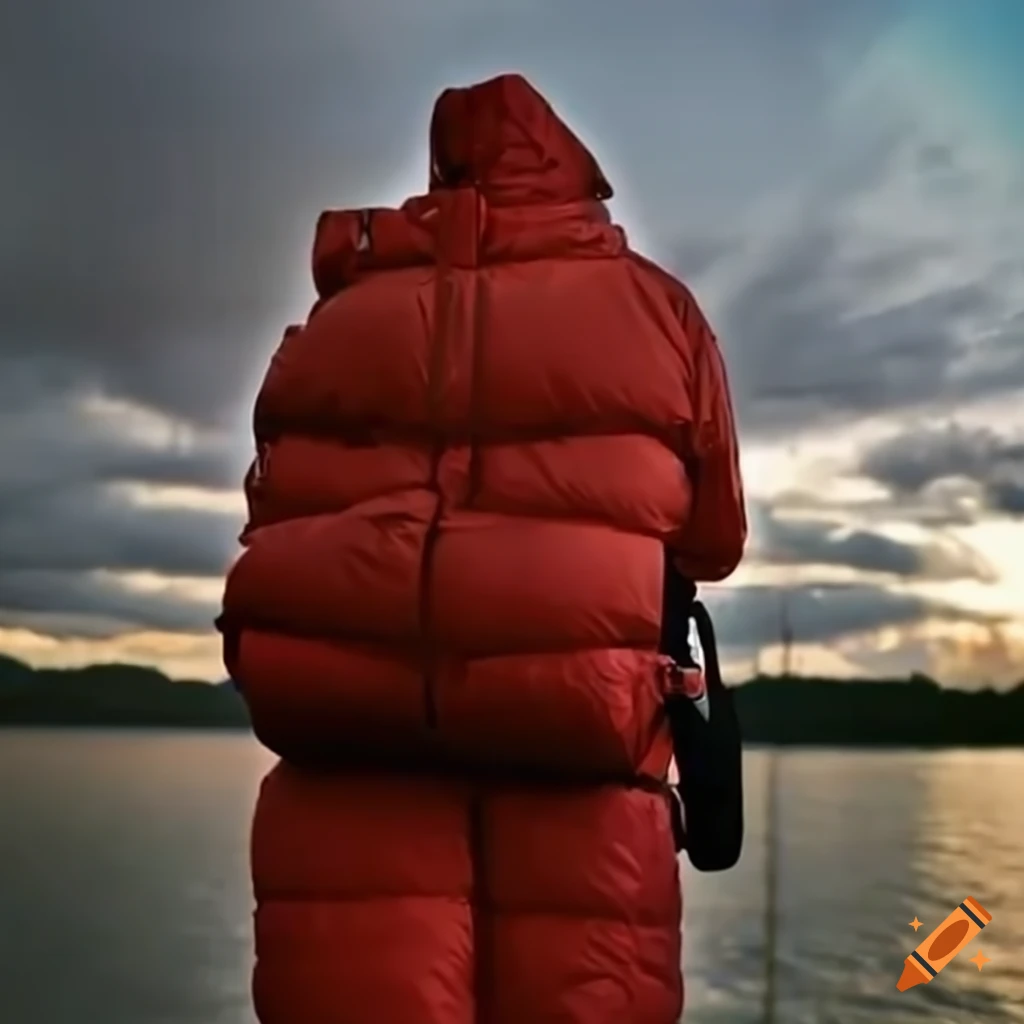 Man standing on a large life-jacket wearing a down jacket on Craiyon