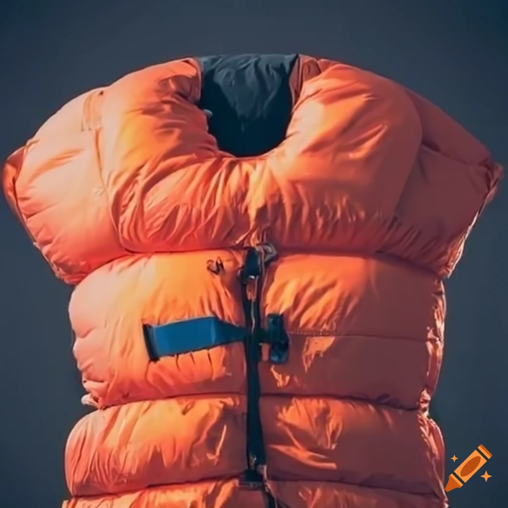 Person standing on top of a large life-jacket wearing a down jacket on ...